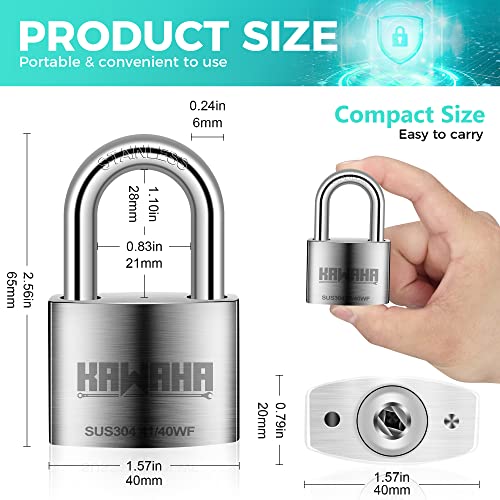 KAWAHA 41/40-4P 1-9/16 inch (40mm) High Security Stainless Steel Padlock with Key for Both Indoor and Outdoor use (SUS304 Stainless Steel, Heavy Duty, Anti-Rust) (40mm, Keyed Alike - 4 Pack)