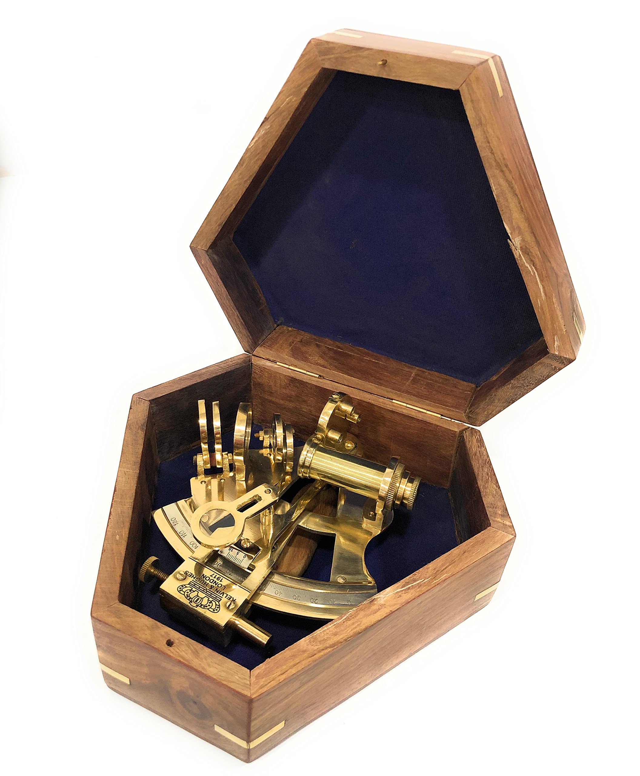 Maritime Kelvin & Hughes London Antique Brass Nautical Ship Sextant (with Triangular Wooden Box)