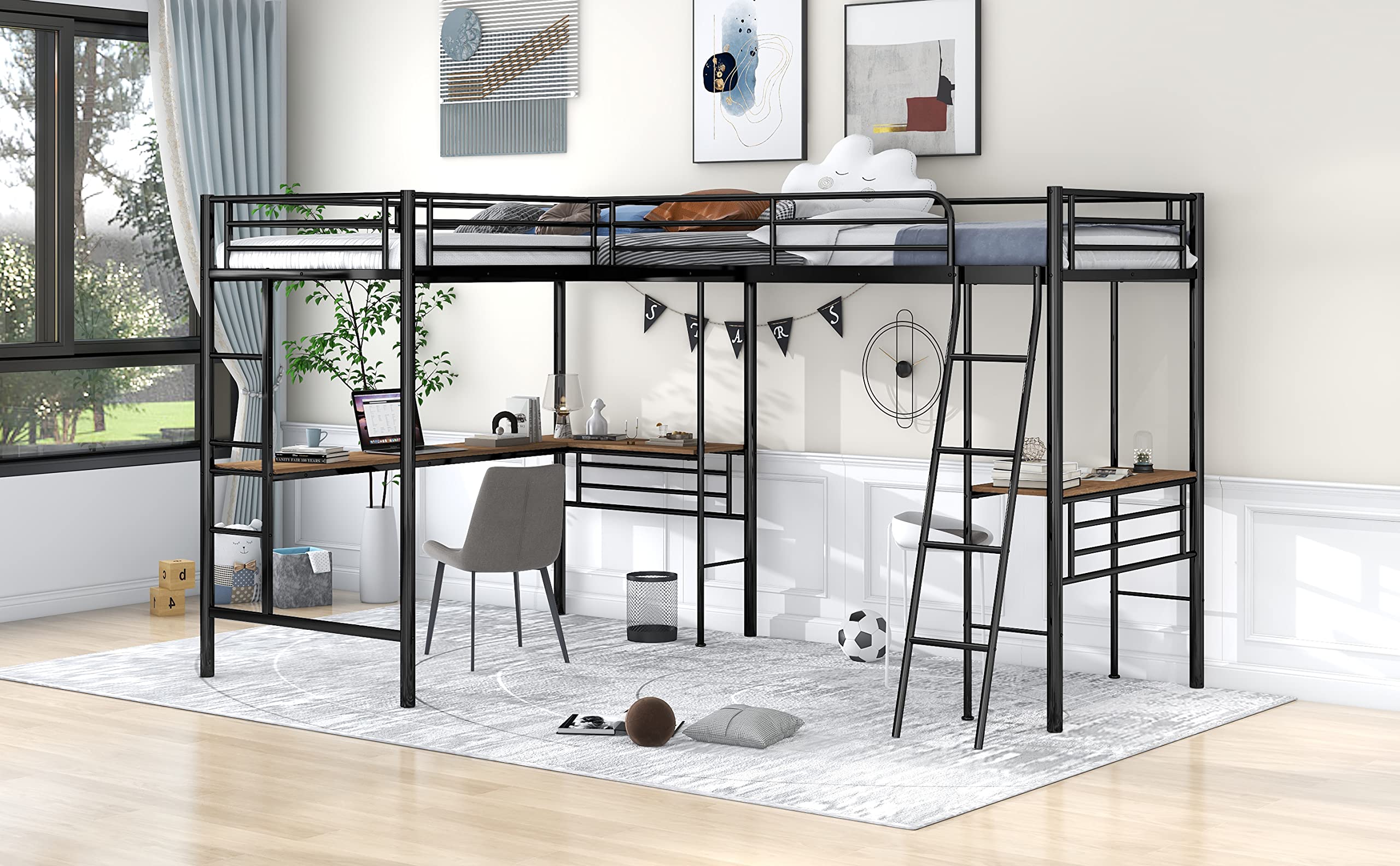 Quarte Simple Metal L-Shaped Loft Bed with Two Built-in Desks,Guardrails and Ladders,for Family Kids Teens,No Box Spring Needed