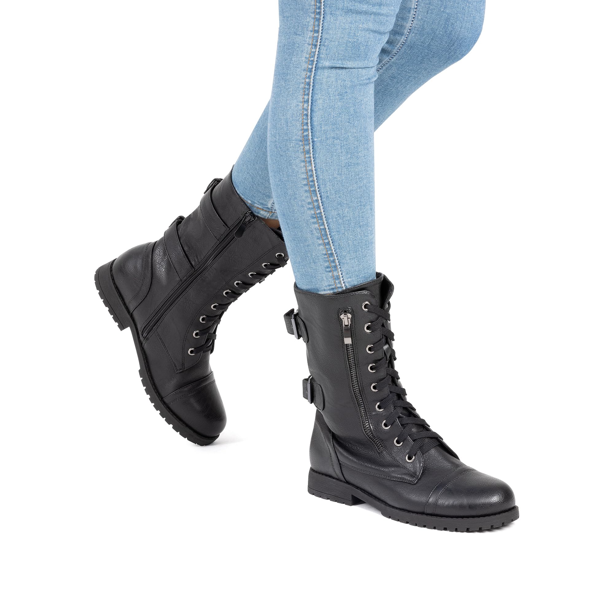 DREAM PAIRS Women's Winter Combat Boots, Comfortable Warm Faux Fur Lined Outdoor Lace-Up Mid Calf Riding Booties,Size 8.5,Black,Terran-Snow