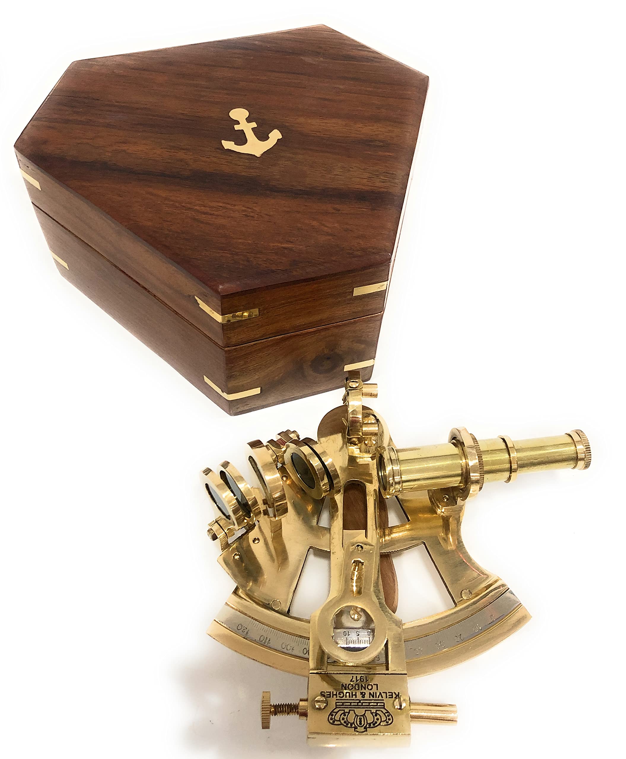 Maritime Kelvin & Hughes London Antique Brass Nautical Ship Sextant (with Triangular Wooden Box)