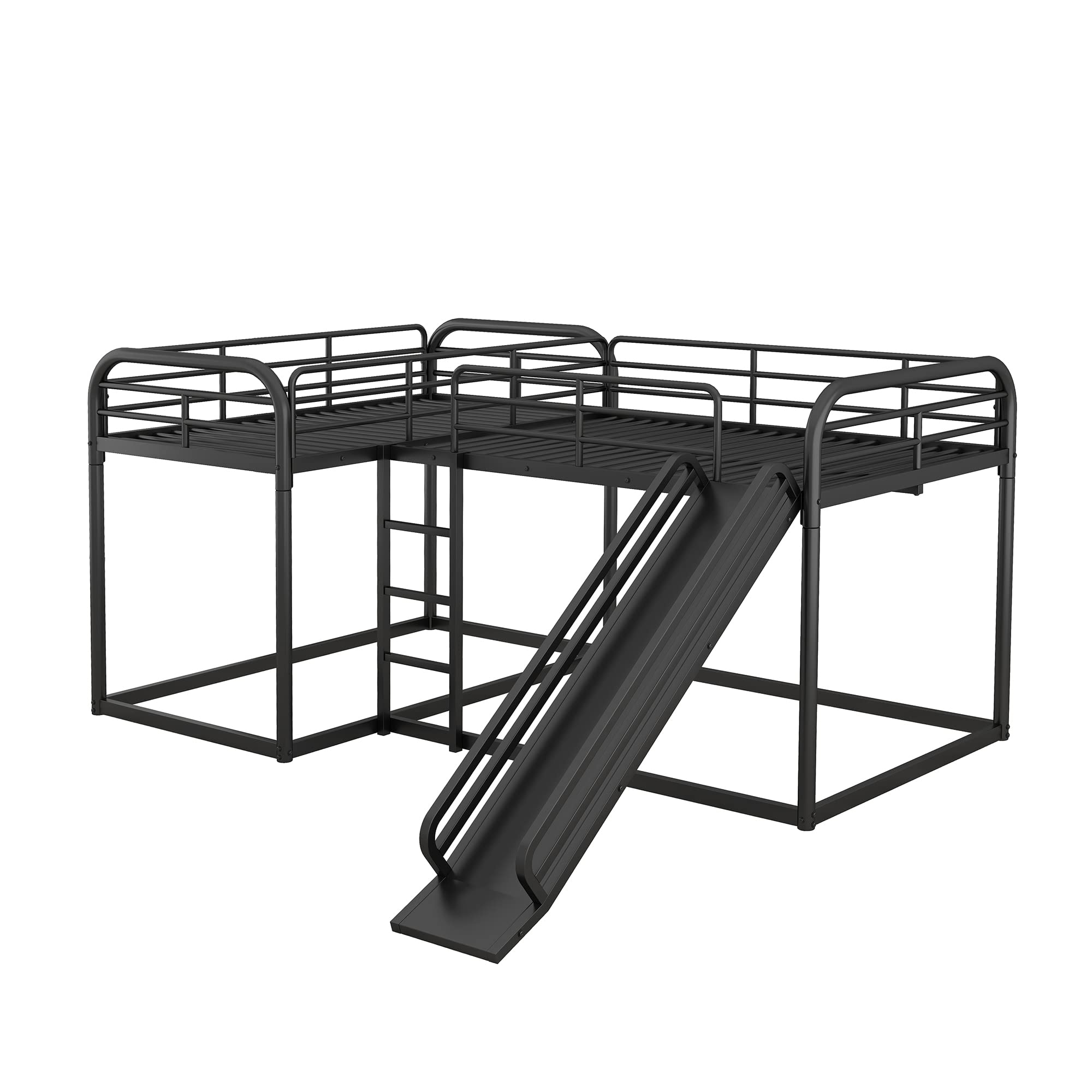 DHPM L Shaped Bunk Bed for 4, Bunk Bed with Slide, Heavy-Duty Metal Floor Bunk Bed Frame Full and Twin Size for Kids Teens Girls Boys