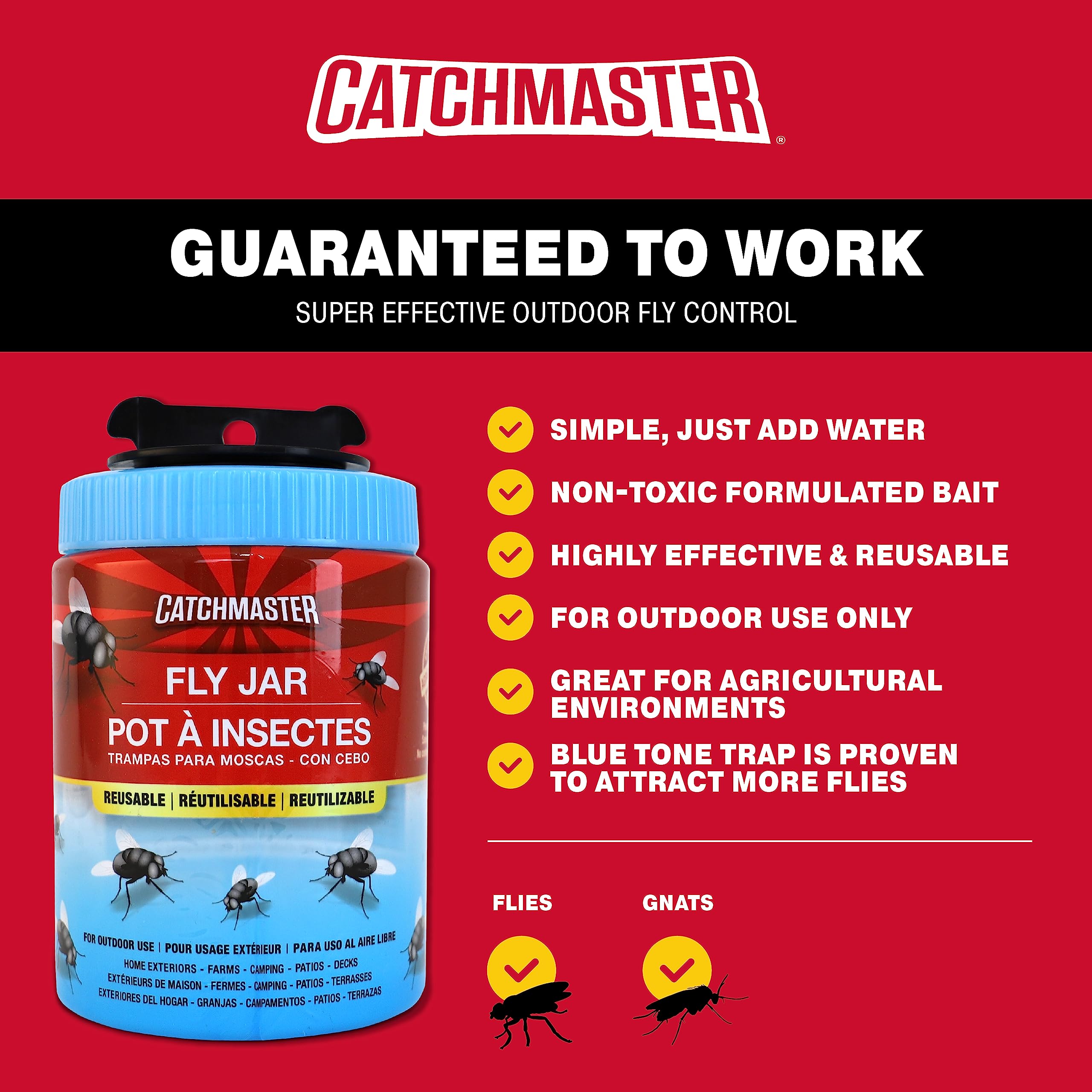 Catchmaster Reusable Fly Traps Outdoor Jar 1-Pack, Bug Catcher and Flying Insect Trap with Food-Based Lure for Pest Control, Pet Safe, Non Toxic Bulk Fly Traps
