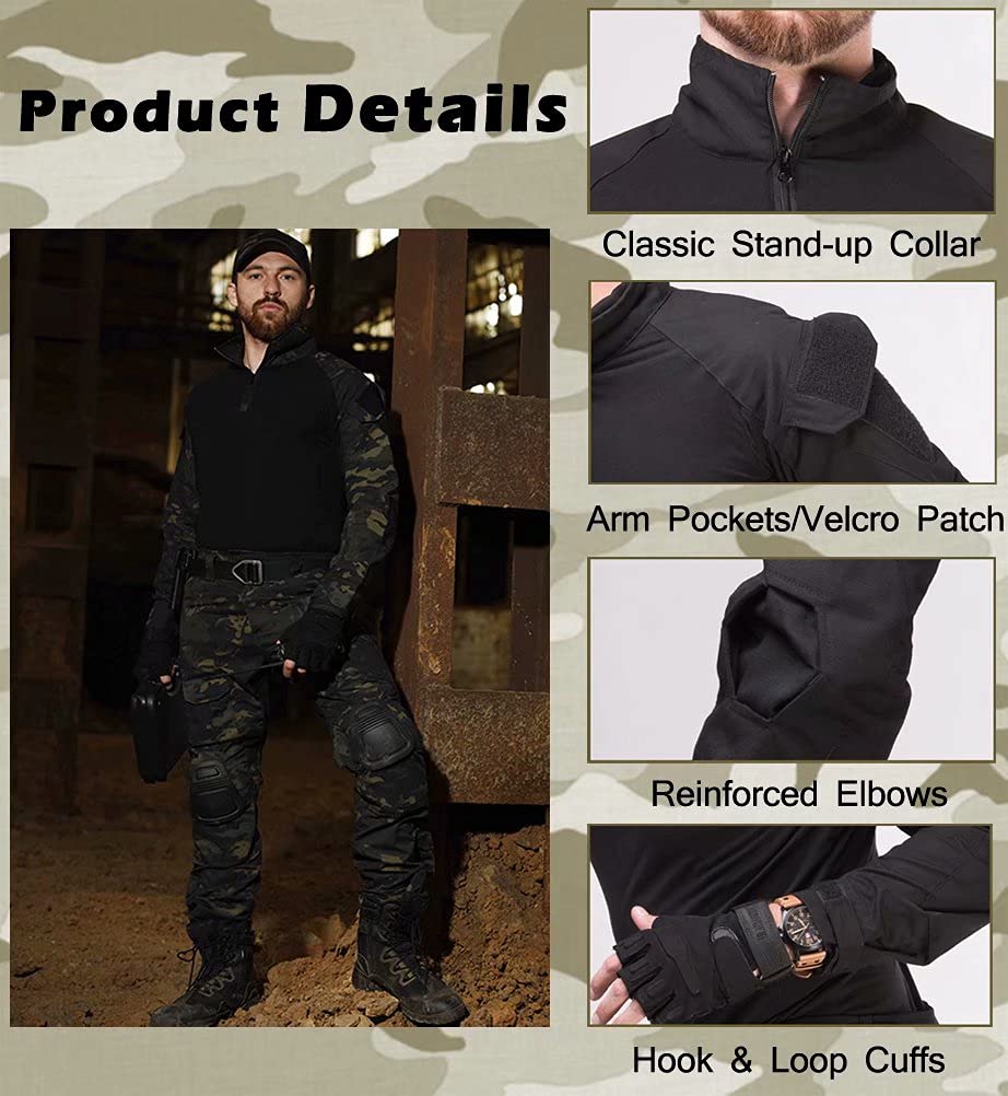Lilychan Men's Military Uniform Airsoft Tactical Army Suits Combat Shirt Pants Paintball Gear with Knee Pads-Black Camo,L/34