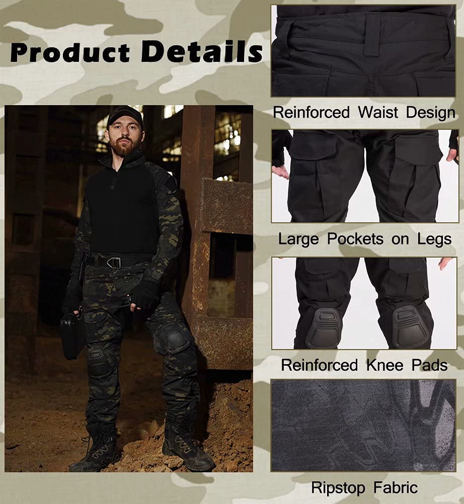 Lilychan Men's Military Uniform Airsoft Tactical Army Suits Combat Shirt Pants Paintball Gear with Knee Pads-Black Camo,L/34