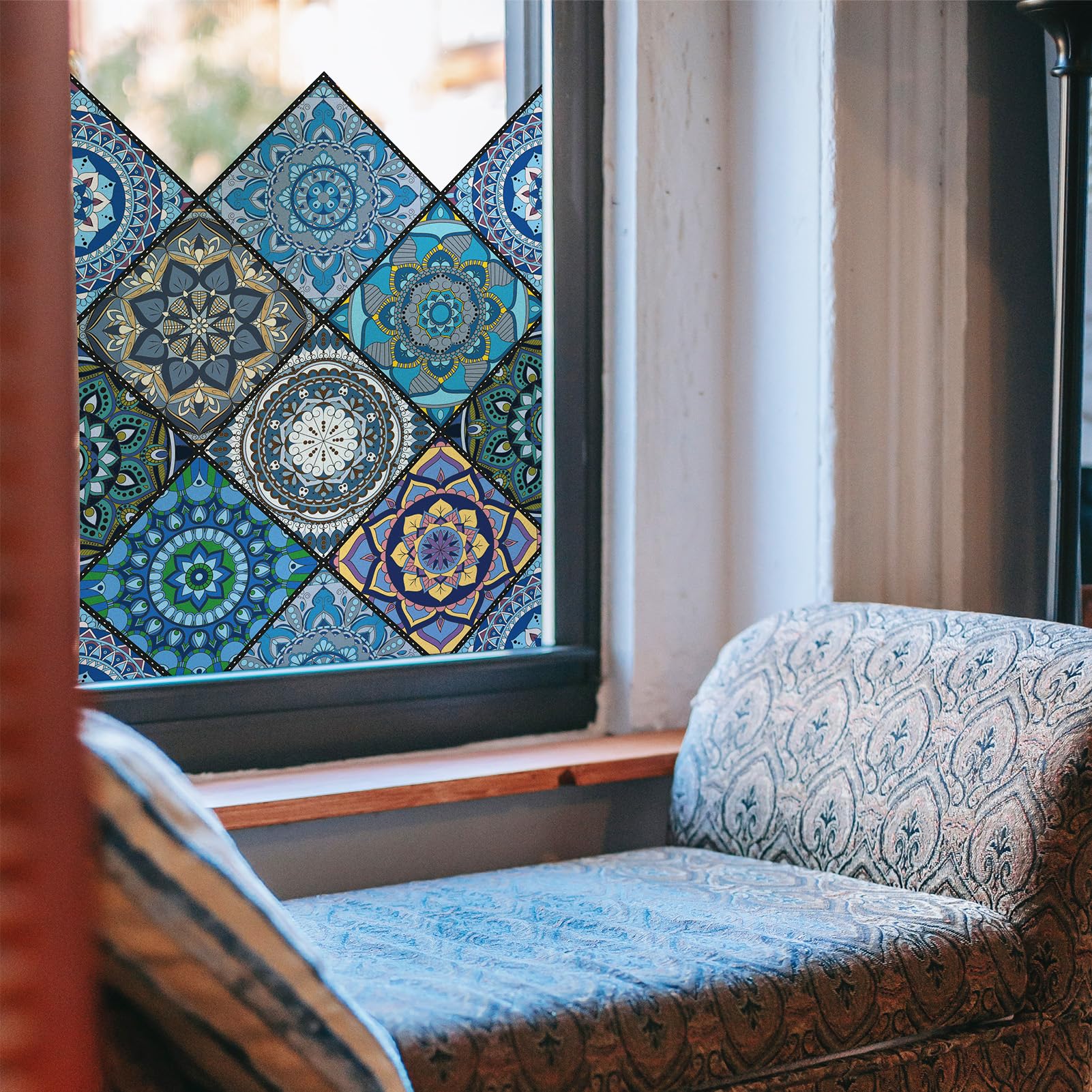DKTIE Window Privacy Film with Installation Tools Frosted Glass Static Clings Non Adhesive, Stained Glass Window Film Art Deco, Window Decals, Window Sticker (B110, 17.7" x 78.7")