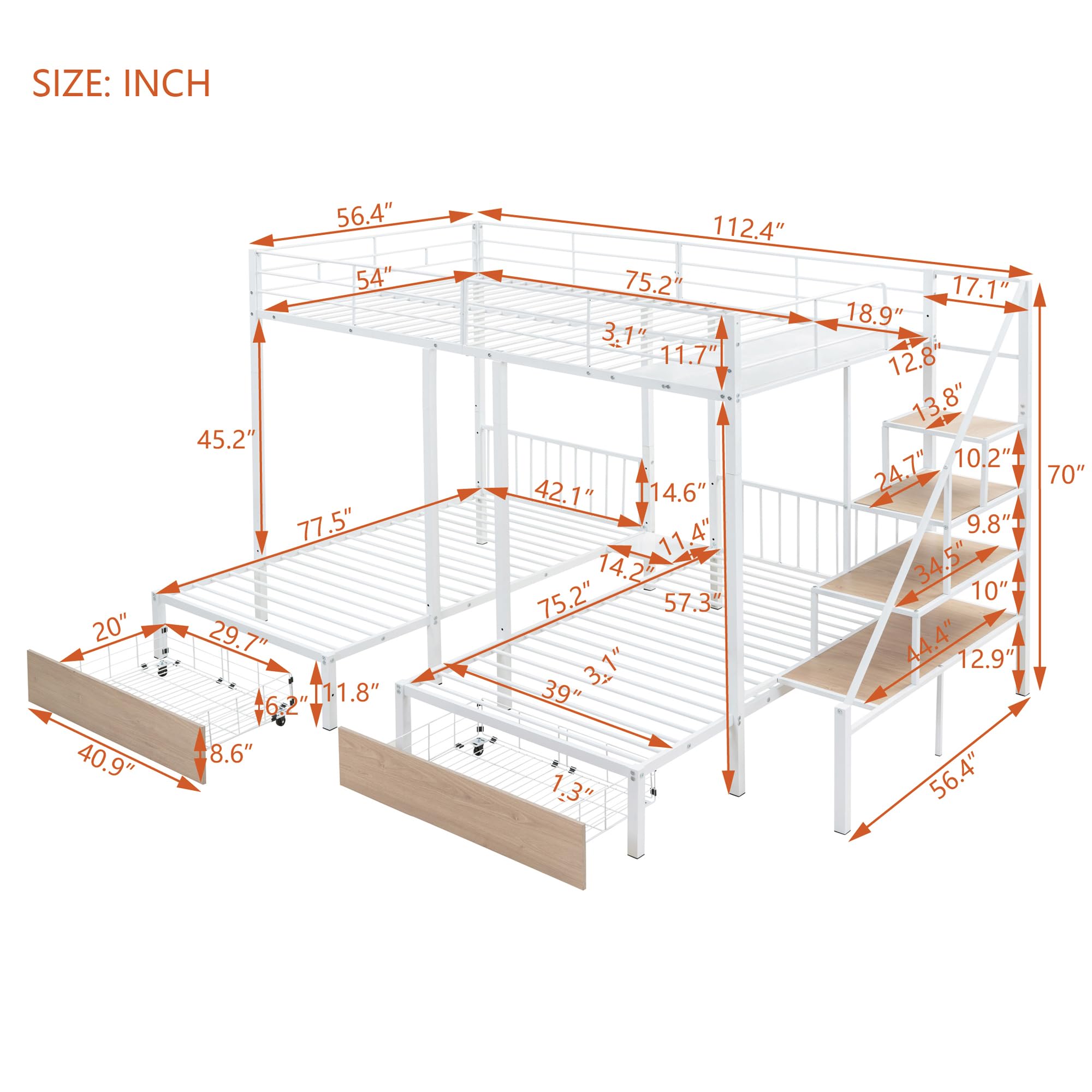 BIADNBZ Full Over Twin & Twin Triple Bunk Bed for 3,L-Shaped Metal Detachable Bunkbed Frame with Storage Stairs and 2 Drawers for Kids Teens Adults Bedroom,Space-Saving,White