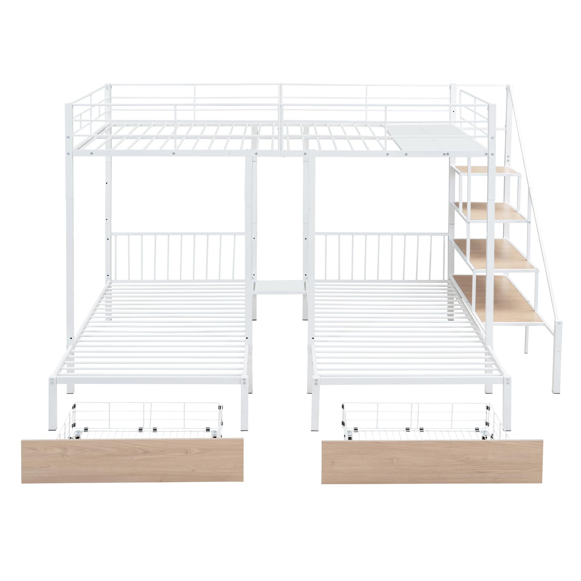 BIADNBZ Full Over Twin & Twin Triple Bunk Bed for 3,L-Shaped Metal Detachable Bunkbed Frame with Storage Stairs and 2 Drawers for Kids Teens Adults Bedroom,Space-Saving,White