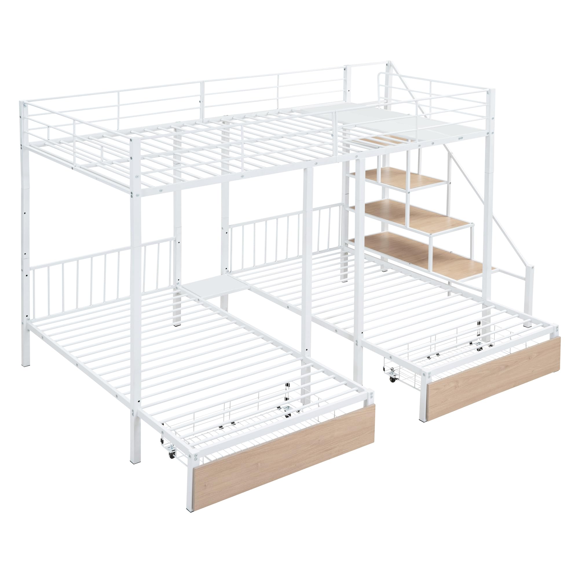 BIADNBZ Full Over Twin & Twin Triple Bunk Bed for 3,L-Shaped Metal Detachable Bunkbed Frame with Storage Stairs and 2 Drawers for Kids Teens Adults Bedroom,Space-Saving,White