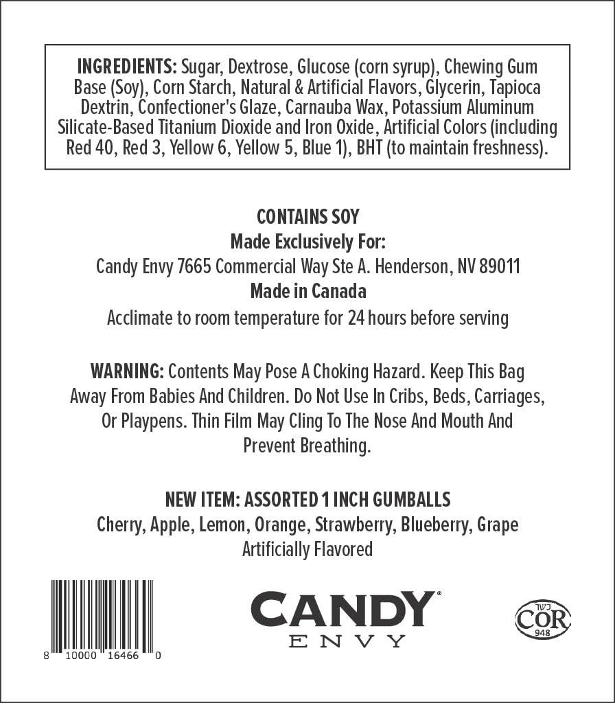 Candy Envy - Assorted 1 Inch Gumballs - 2lb Bag - Approximately 113 Gumballs Per Bag - North American Made & Kosher Certified - Gumballs for Gumball Machine - Gumball Refills
