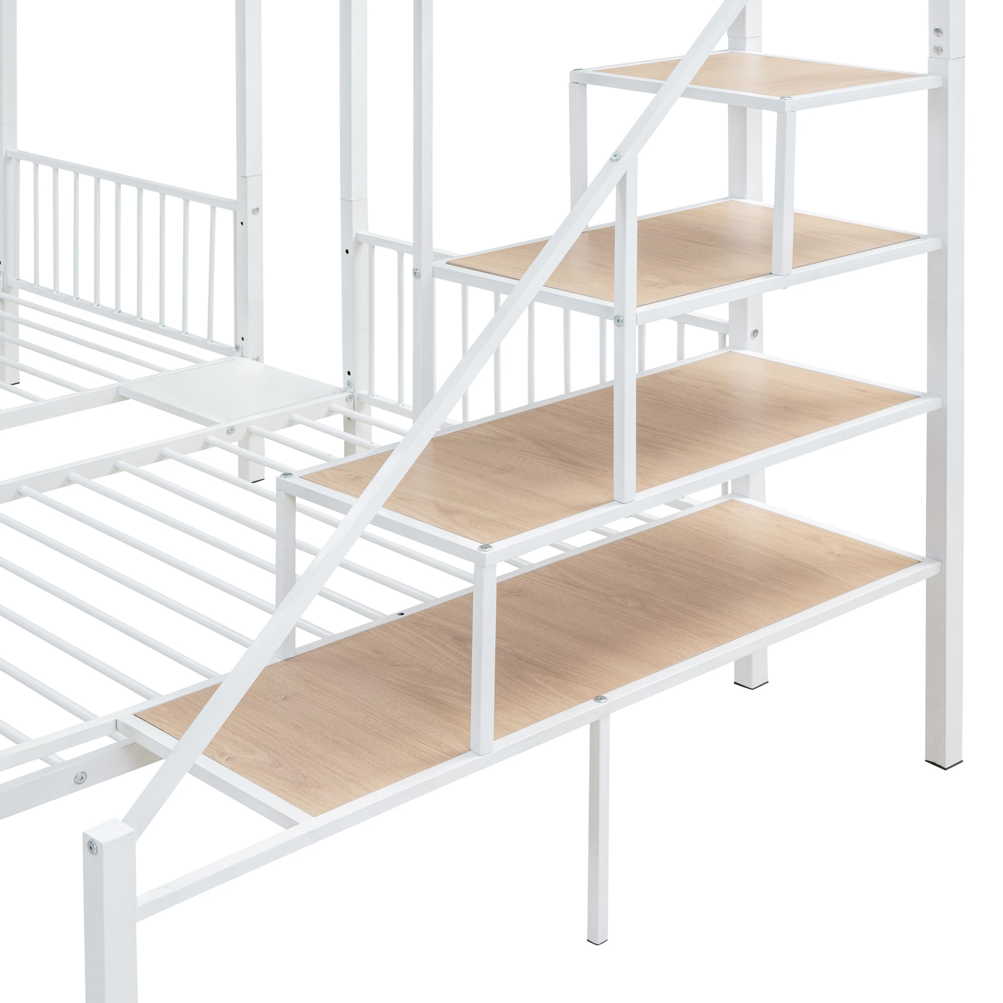 BIADNBZ Full Over Twin & Twin Triple Bunk Bed for 3,L-Shaped Metal Detachable Bunkbed Frame with Storage Stairs and 2 Drawers for Kids Teens Adults Bedroom,Space-Saving,White