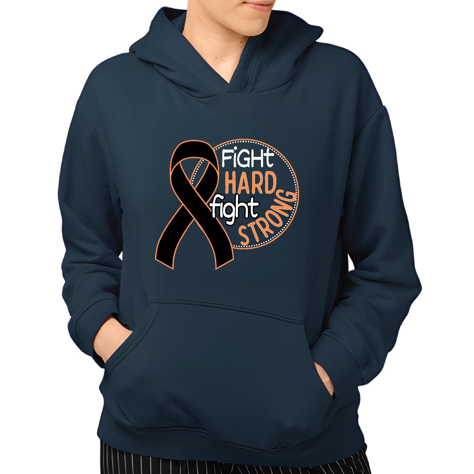 Fight Hard Fight Strong Cancer Fighter Gift Cancer Awareness Leukemia Awareness Orange Ribbon Black and Muticolor Unisex Hoodie
