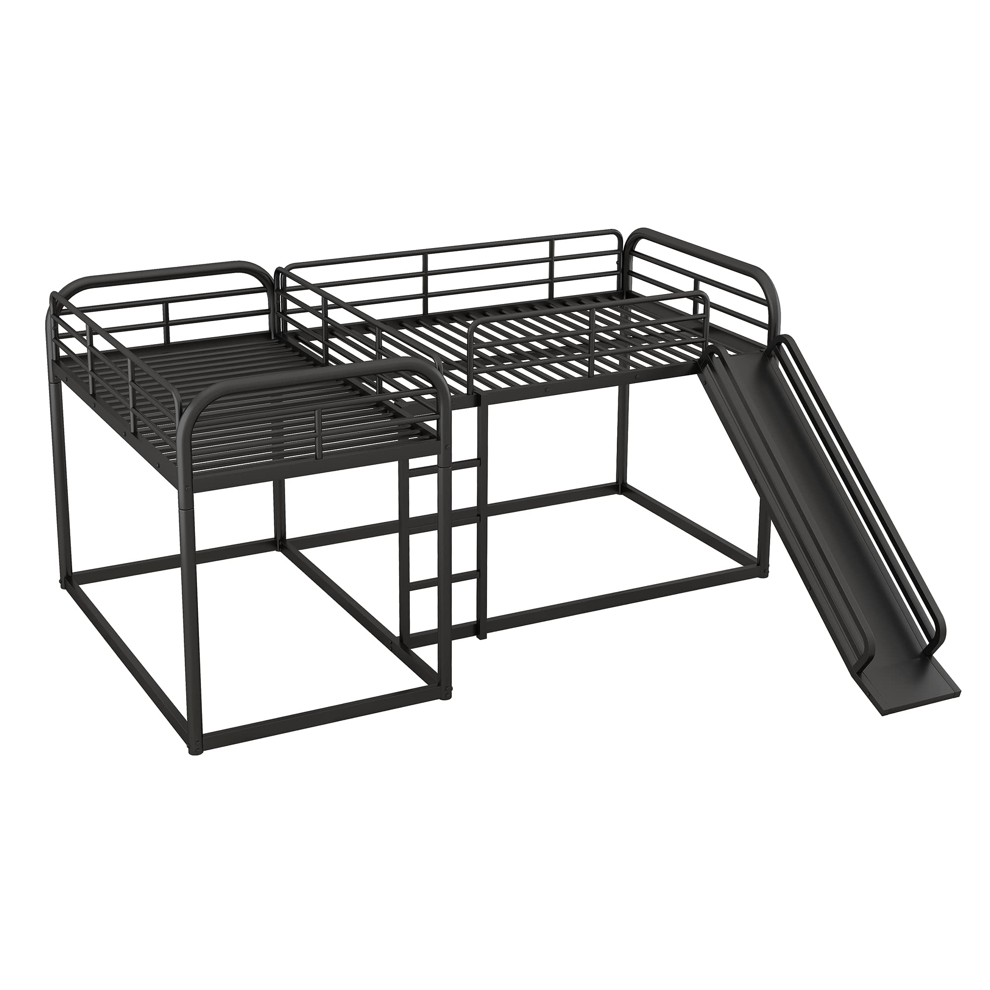 DHPM L Shaped Bunk Bed for 4, Bunk Bed with Slide, Heavy-Duty Metal Floor Bunk Bed Frame Full and Twin Size for Kids Teens Girls Boys