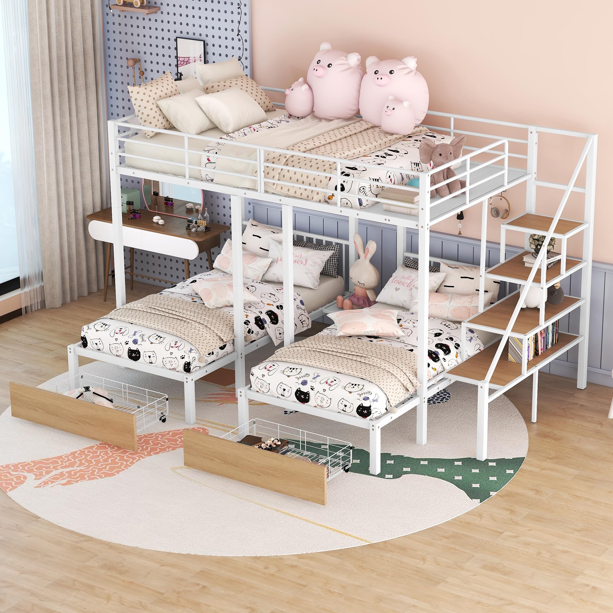 BIADNBZ Full Over Twin & Twin Triple Bunk Bed for 3,L-Shaped Metal Detachable Bunkbed Frame with Storage Stairs and 2 Drawers for Kids Teens Adults Bedroom,Space-Saving,White