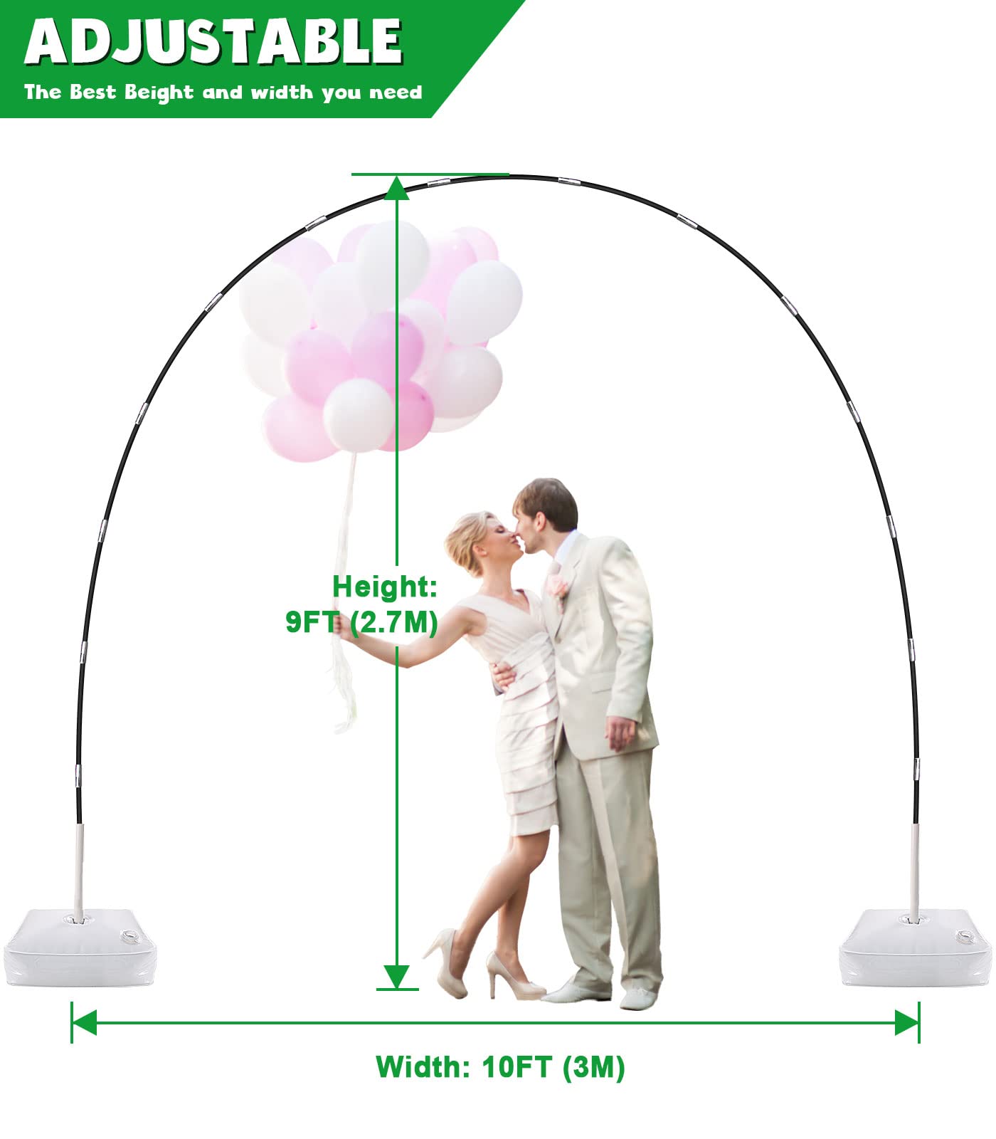 Balloon Arch Kit, 9FT Tall &10Ft Wide Adjustable Plastic Balloon Column Stands Set with Water Fillable Bases and Water Bag 50 Balloon Clips,1 Manual Pump,2 Knotter, Dot Glue,2 Flower Clips...