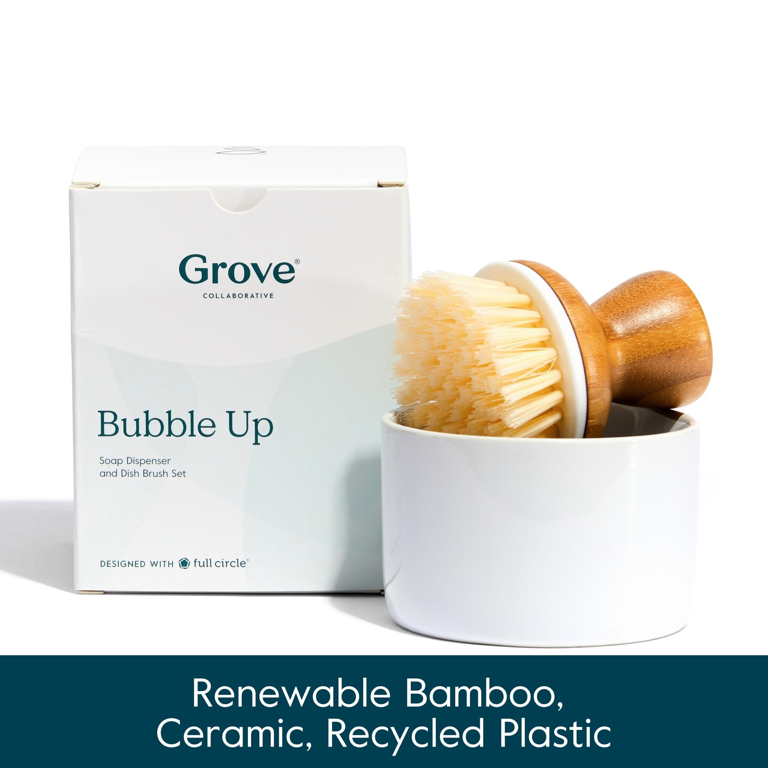 Grove Co. Bubble-Up Dish Soap Dispenser & 2 Pack Brush Set, Ergonomically Designed Dish Scrubber, Removes Tough Messes, Gentle on Dishes, Sustainable Solution to The World's Waste