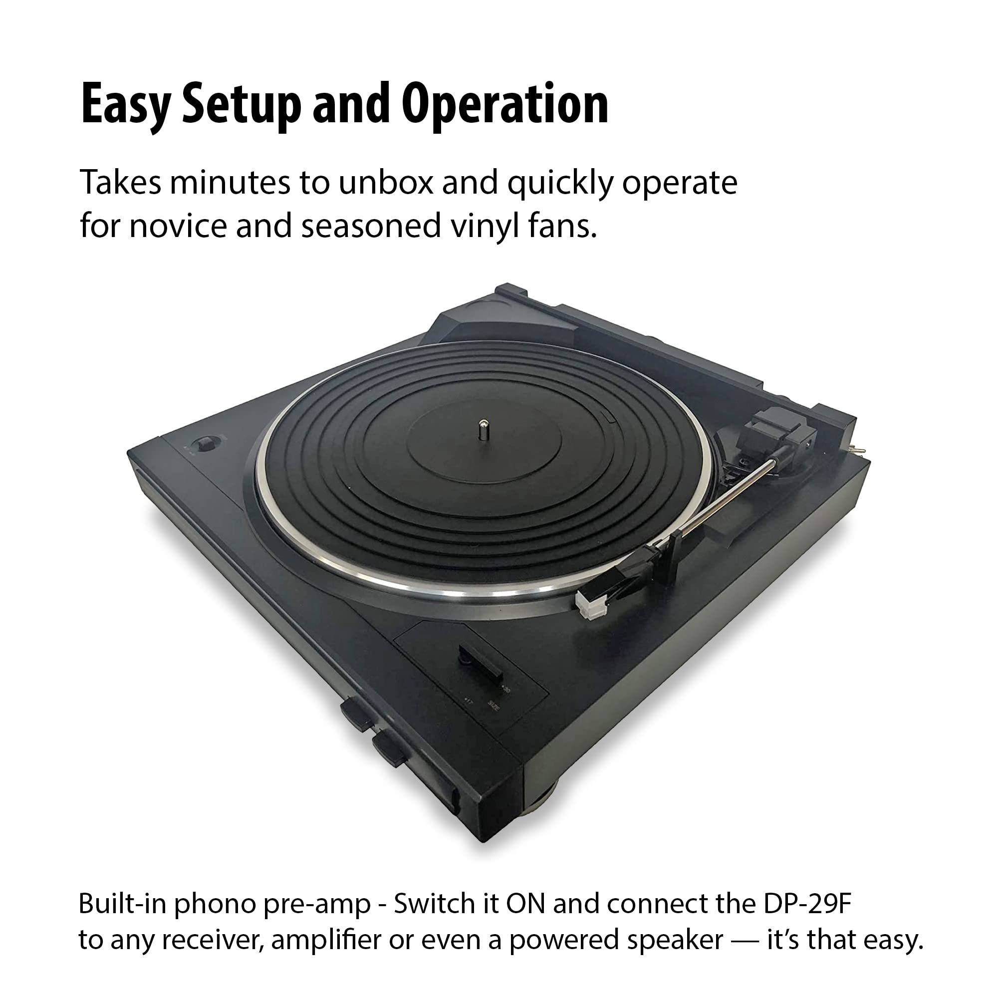 Denon DP-29F Fully Automatic Record Player, Analog Turntable with Built-in RIAA Phono Equalizer, Unique Automated Tonearm Design, Manual Lifter Mechanism, Rigid Diecast Aluminum for Stability