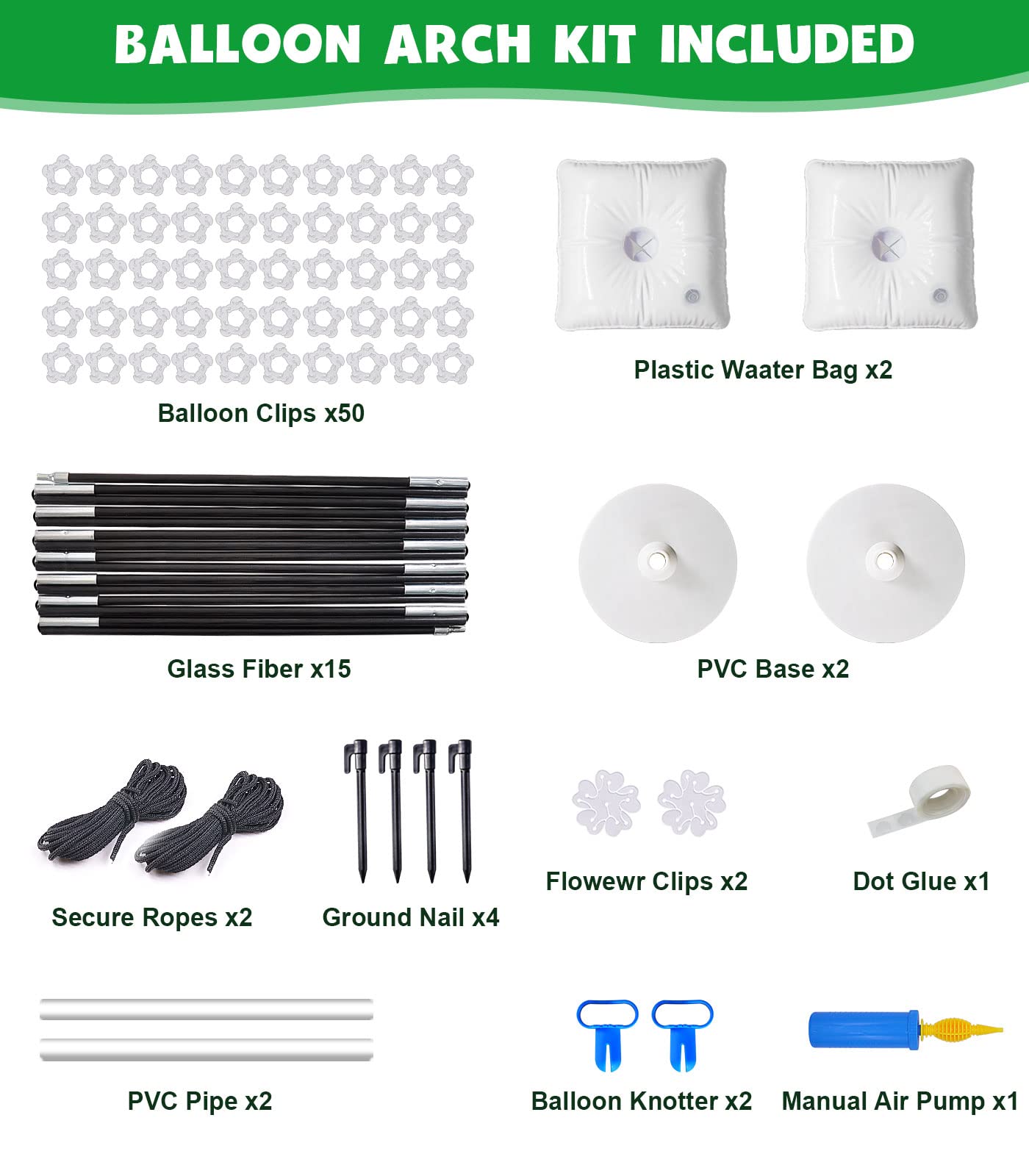 Balloon Arch Kit, 9FT Tall &10Ft Wide Adjustable Plastic Balloon Column Stands Set with Water Fillable Bases and Water Bag 50 Balloon Clips,1 Manual Pump,2 Knotter, Dot Glue,2 Flower Clips...