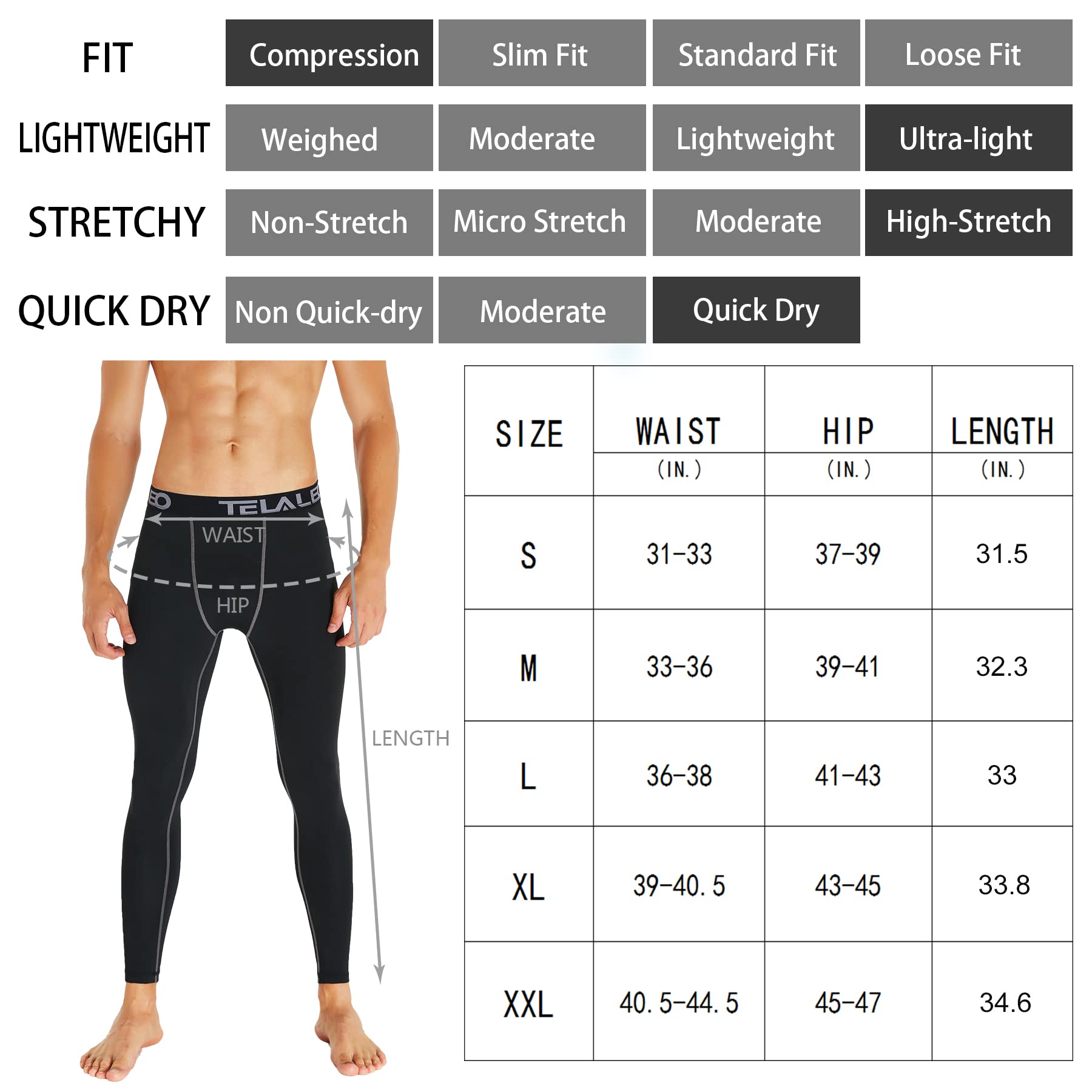 TELALEO 4 Pack Men's Compression Pants Leggings Sports Tights Athletic Baselayer Workout Running Black XL