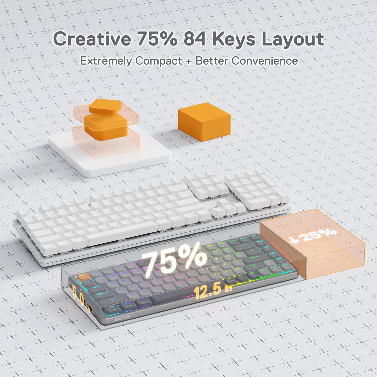 Redragon K652 75% Wireless RGB Mechanical Keyboard, Tri-Mode 84 Keys Ultra-Thin Gaming Keyboard w/Aluminum Top Plate, 100% Supported Win/Mac System & Low Profile Blue Switch