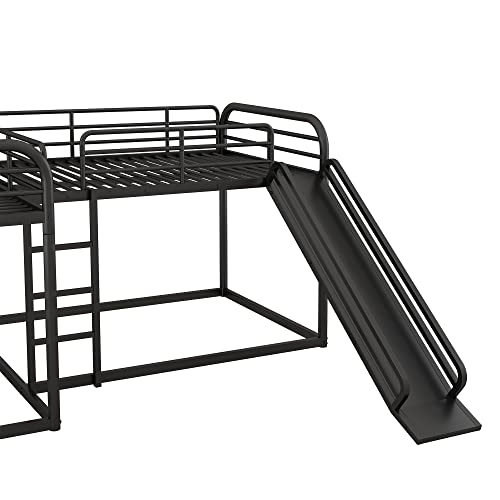 DHPM L Shaped Bunk Bed for 4, Bunk Bed with Slide, Heavy-Duty Metal Floor Bunk Bed Frame Full and Twin Size for Kids Teens Girls Boys