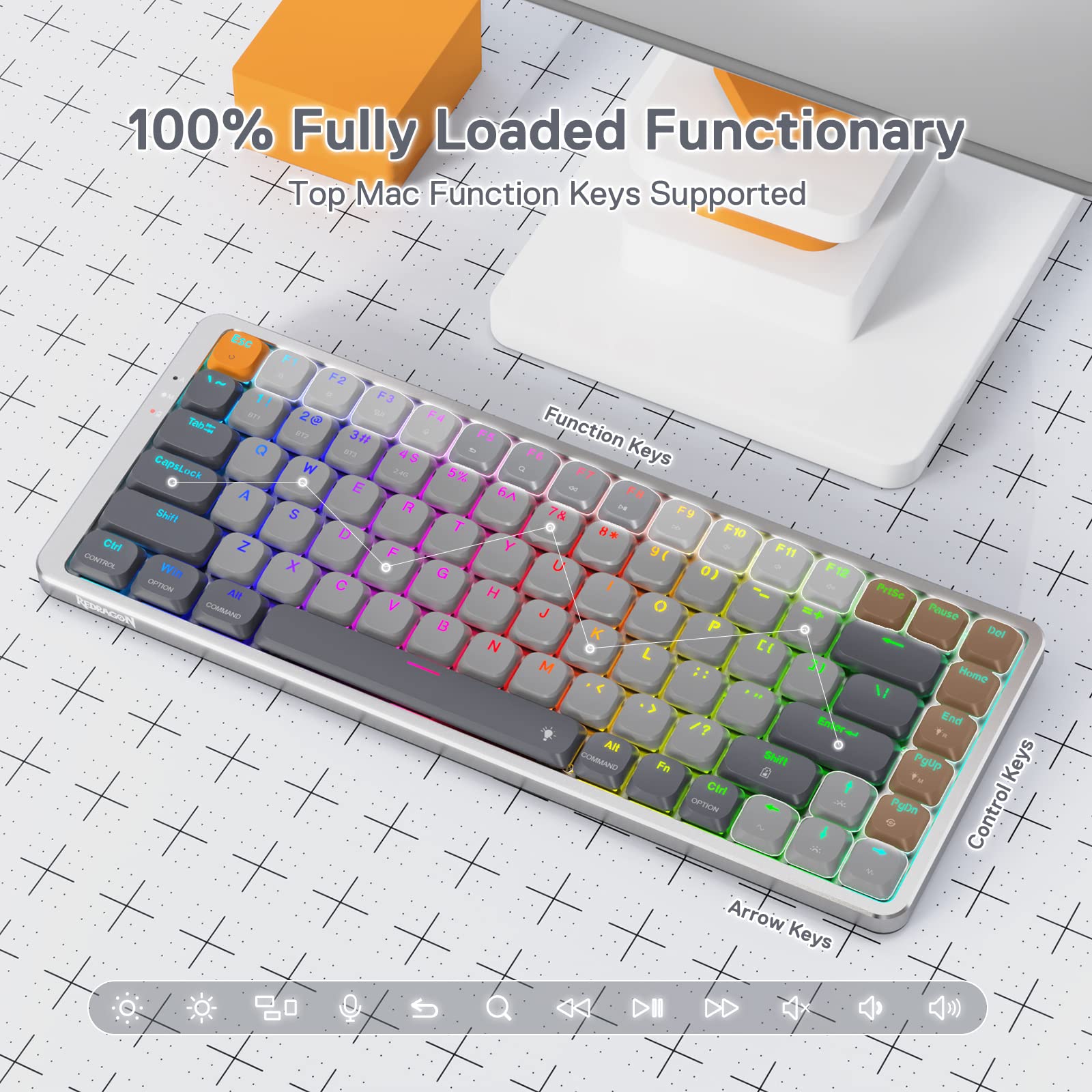 Redragon K652 75% Wireless RGB Mechanical Keyboard, Tri-Mode 84 Keys Ultra-Thin Gaming Keyboard w/Aluminum Top Plate, 100% Supported Win/Mac System & Low Profile Blue Switch