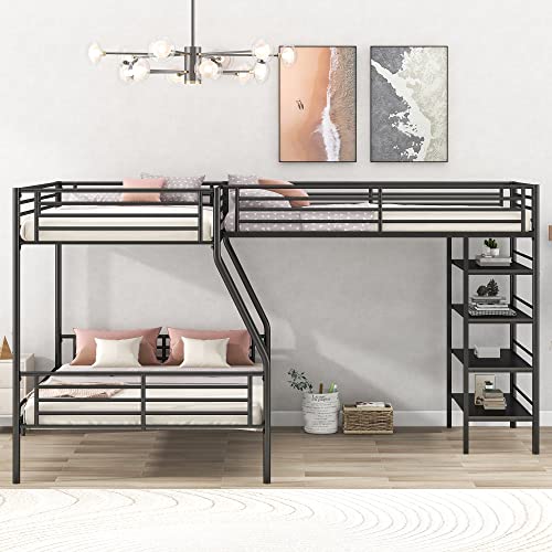 YuiHome L Shaped Bunk Bed for 3, Metal Triple Bunk Bed, Heavy-Duty Steel Frame Twin Over Full Bunk Bed and Twin Size Loft Bed with Four Built-in Shelves for Bedroom, Dorm, Boys, Girls, Adults,Black