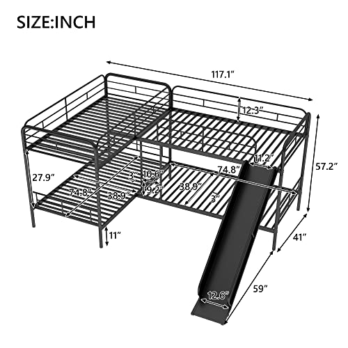 GLORHOME bed2 Twin Size Bunk Beds with Slide, L-Shaped Metal Triple Bunkbed Frame Corner Bedframe w/Full-Length Guardrail for 4 People,Space Saving Bedroom Furniture, Black