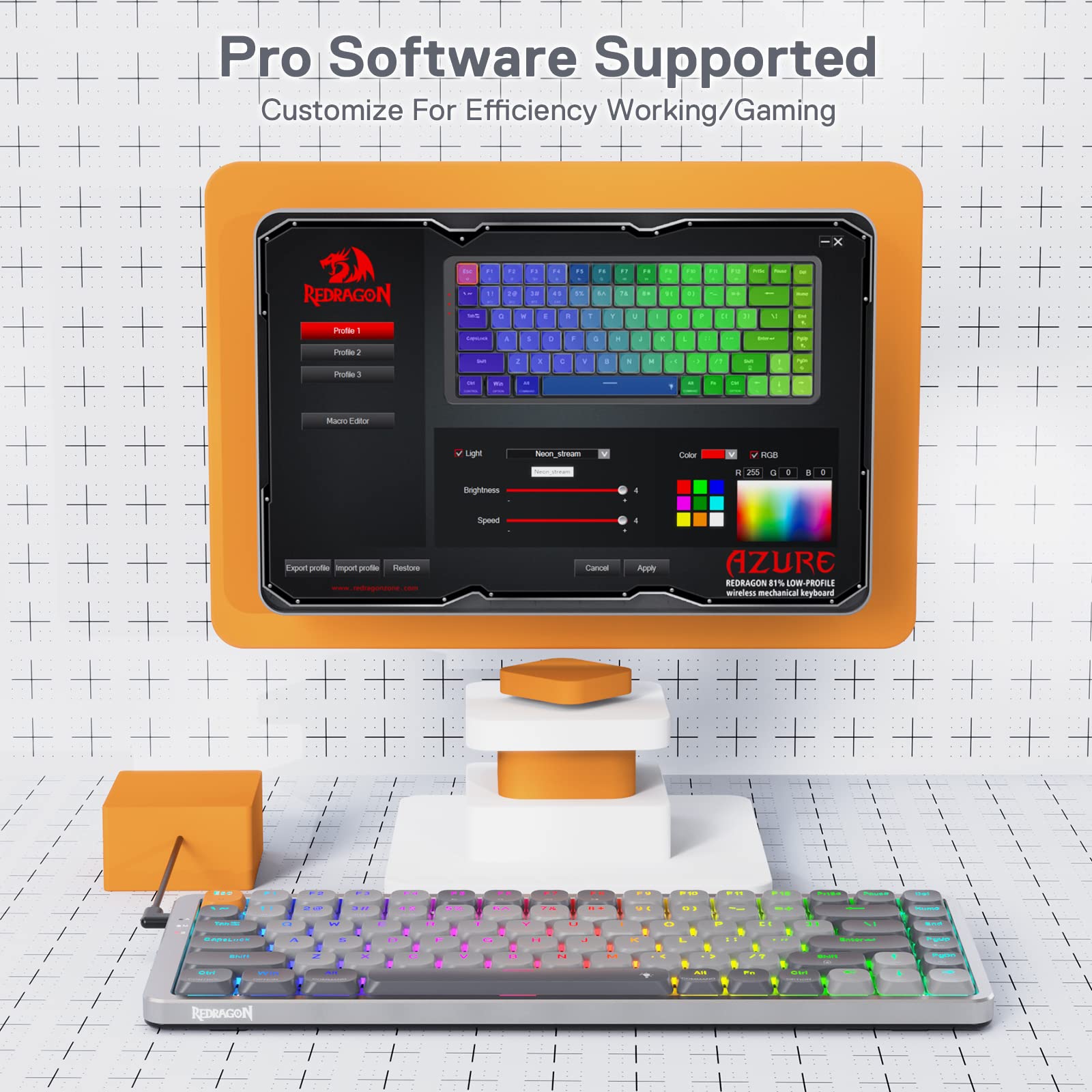 Redragon K652 75% Wireless RGB Mechanical Keyboard, Tri-Mode 84 Keys Ultra-Thin Gaming Keyboard w/Aluminum Top Plate, 100% Supported Win/Mac System & Low Profile Blue Switch