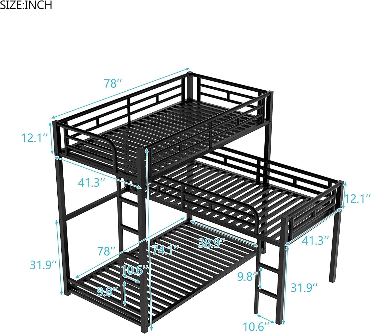 DNYN Twin Over Twin Triple Bunk Bed,L-Shaped Metal Bunkbeds with Safety Guardrails & Ladder,3 in 1 Sturdy Steel Bedframe,No Box Spring Needed & Space Saving Deisn, Black