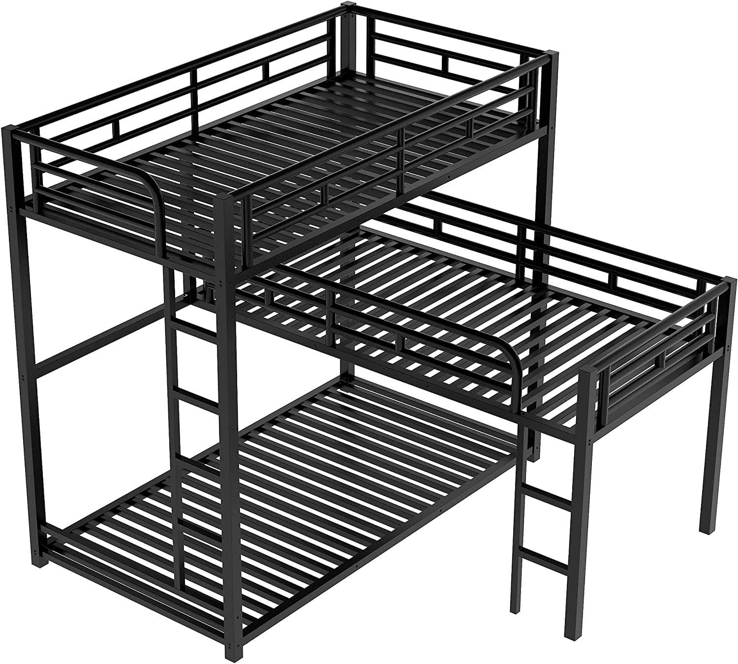 DNYN Twin Over Twin Triple Bunk Bed,L-Shaped Metal Bunkbeds with Safety Guardrails & Ladder,3 in 1 Sturdy Steel Bedframe,No Box Spring Needed & Space Saving Deisn, Black