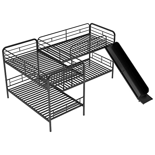 GLORHOME bed2 Twin Size Bunk Beds with Slide, L-Shaped Metal Triple Bunkbed Frame Corner Bedframe w/Full-Length Guardrail for 4 People,Space Saving Bedroom Furniture, Black
