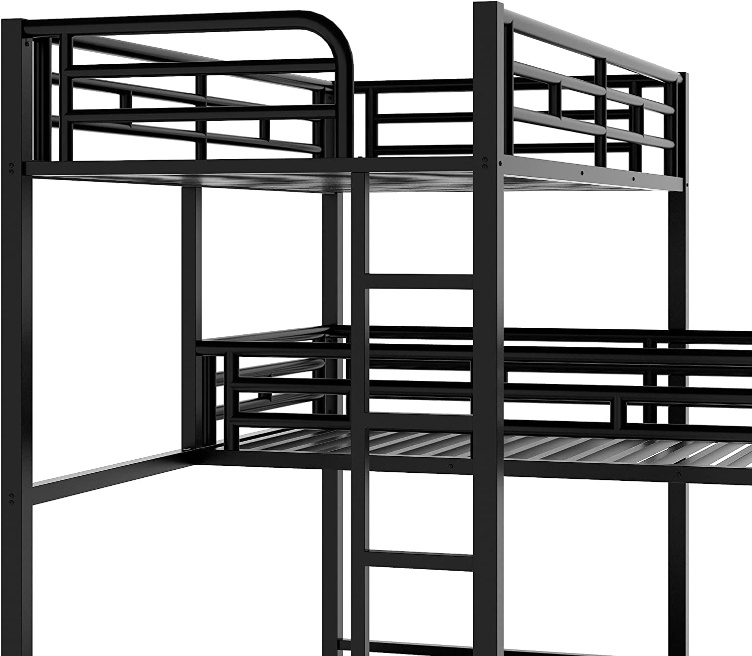 DNYN Twin Over Twin Triple Bunk Bed,L-Shaped Metal Bunkbeds with Safety Guardrails & Ladder,3 in 1 Sturdy Steel Bedframe,No Box Spring Needed & Space Saving Deisn, Black