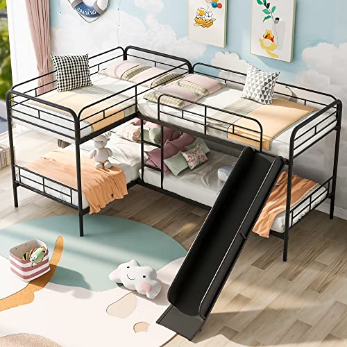 GLORHOME bed2 Twin Size Bunk Beds with Slide, L-Shaped Metal Triple Bunkbed Frame Corner Bedframe w/Full-Length Guardrail for 4 People,Space Saving Bedroom Furniture, Black