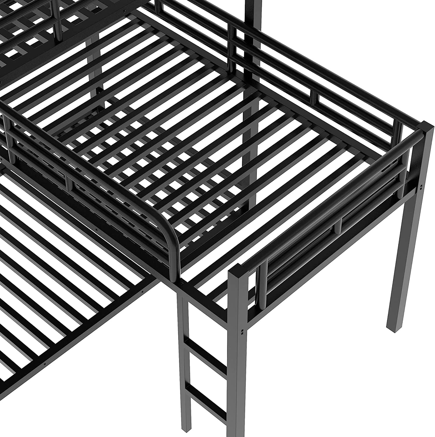 DNYN Twin Over Twin Triple Bunk Bed,L-Shaped Metal Bunkbeds with Safety Guardrails & Ladder,3 in 1 Sturdy Steel Bedframe,No Box Spring Needed & Space Saving Deisn, Black
