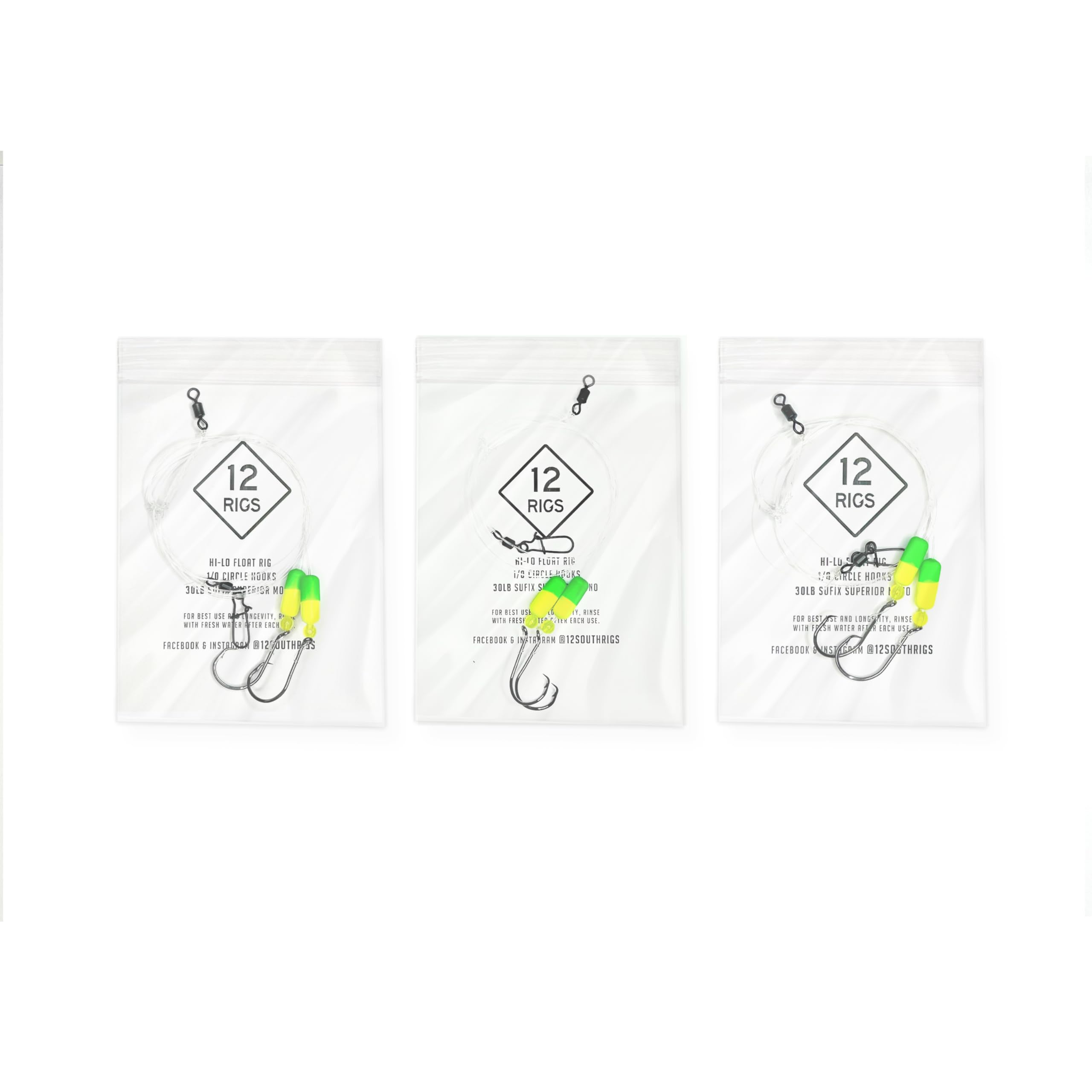3 Pack '1/0' Pompano Rig Surf Fishing Hi-Lo Double Drop Hand-Tied 30LB Mono (Chartreuse/Green)