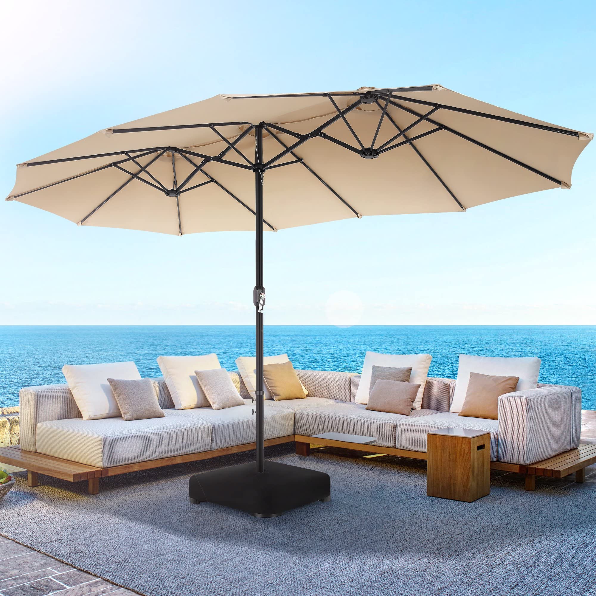 SEJOV 15FT Outdoor Patio Umbrellas with Base Included, Double Sides Market Table Umbrella with Crank System, 12 Steel Ribs and Air Vents, UV Protected Large Deck Umbrella for Garden, Lawn, Poolside