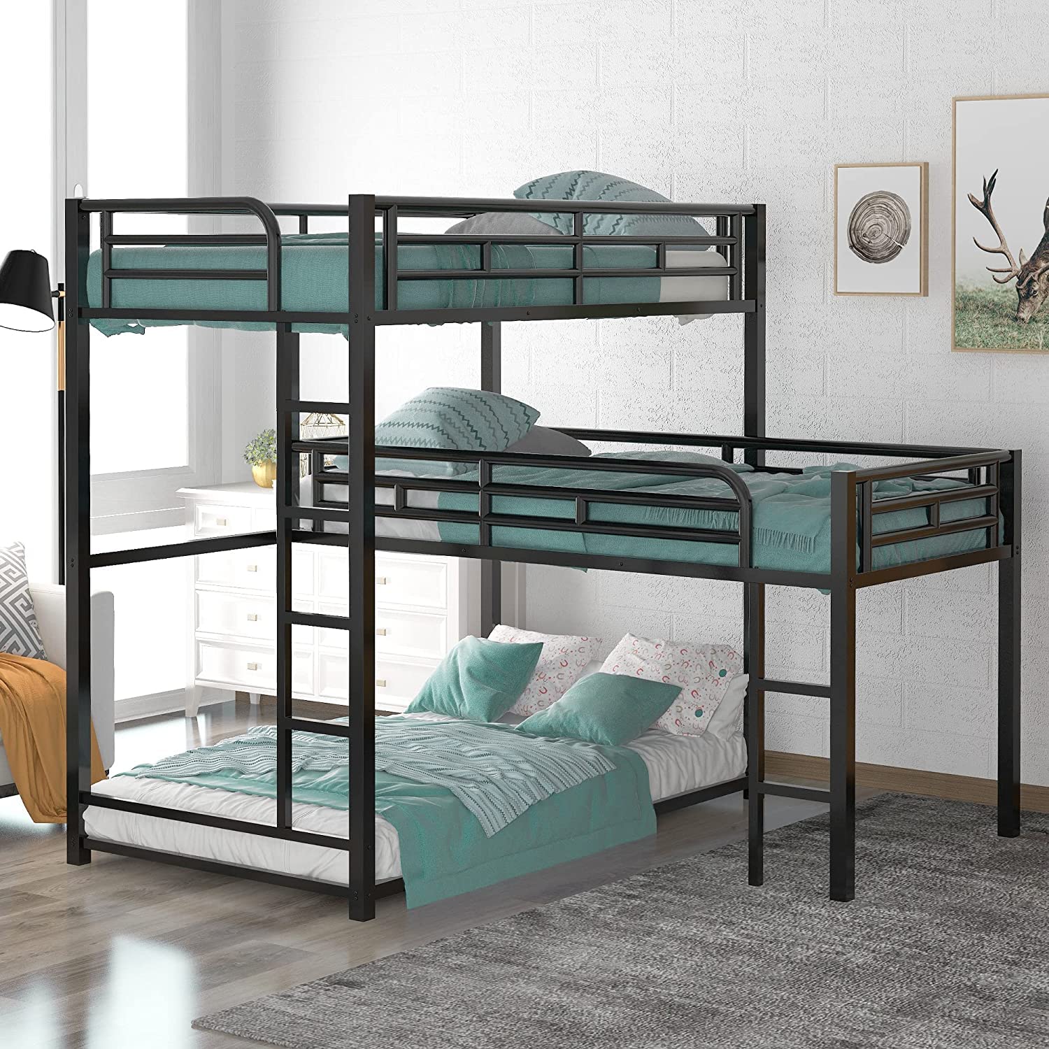 DNYN Twin Over Twin Triple Bunk Bed,L-Shaped Metal Bunkbeds with Safety Guardrails & Ladder,3 in 1 Sturdy Steel Bedframe,No Box Spring Needed & Space Saving Deisn, Black