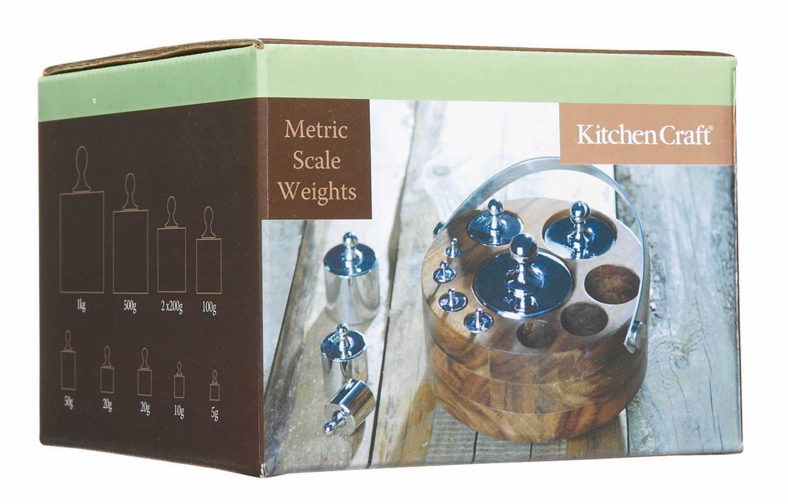KitchenCraft Living Nostalgia Kitchen Scale Weights Set (Metric) with Wooden Holder in Gift Box, Polished Metal, 10 Pieces