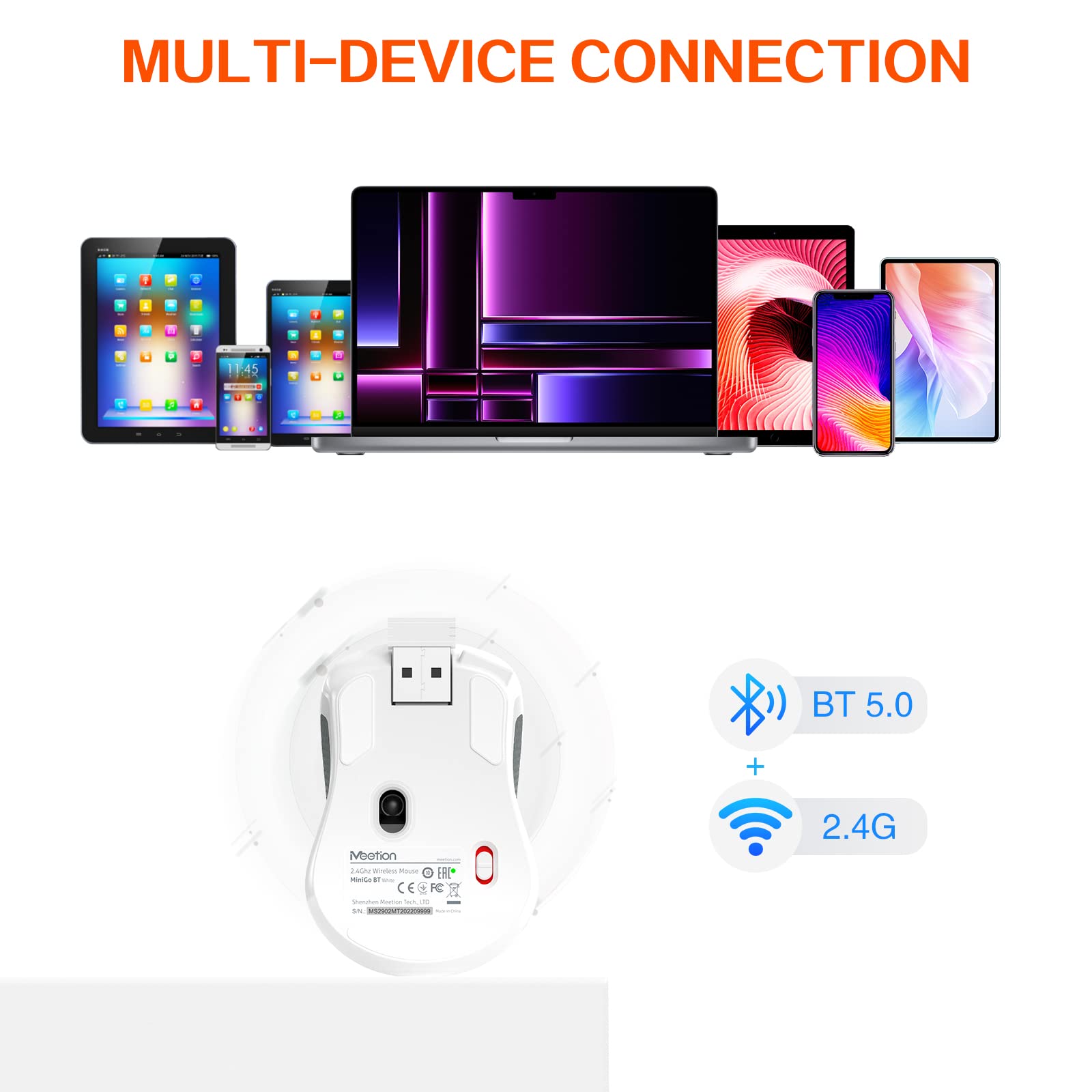 MEETION Wireless Mini Mouse, 2.4GHz USB-A + Bluetooth Mouse, for Boys, Girls, Child, 1200 DPI USB-C Rechargeable Mouse, White