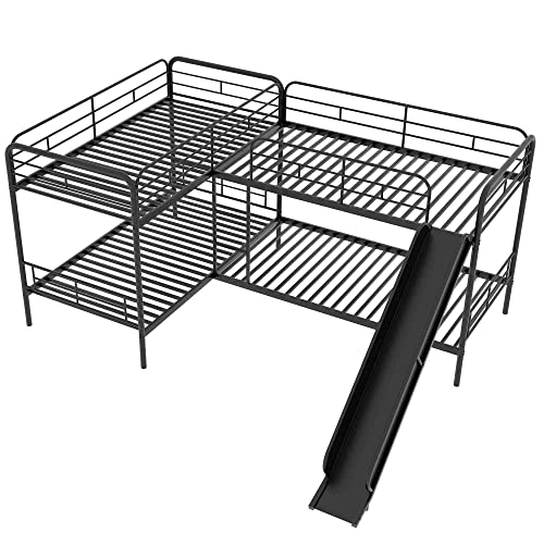 Tulib Twin Size L-Shaped Bunk Bed with Slide, Metal Bunkbed Frame w/Ladder & Safety Guardrail for 4, Bedroom, Home, No Spring Box Needed, Black