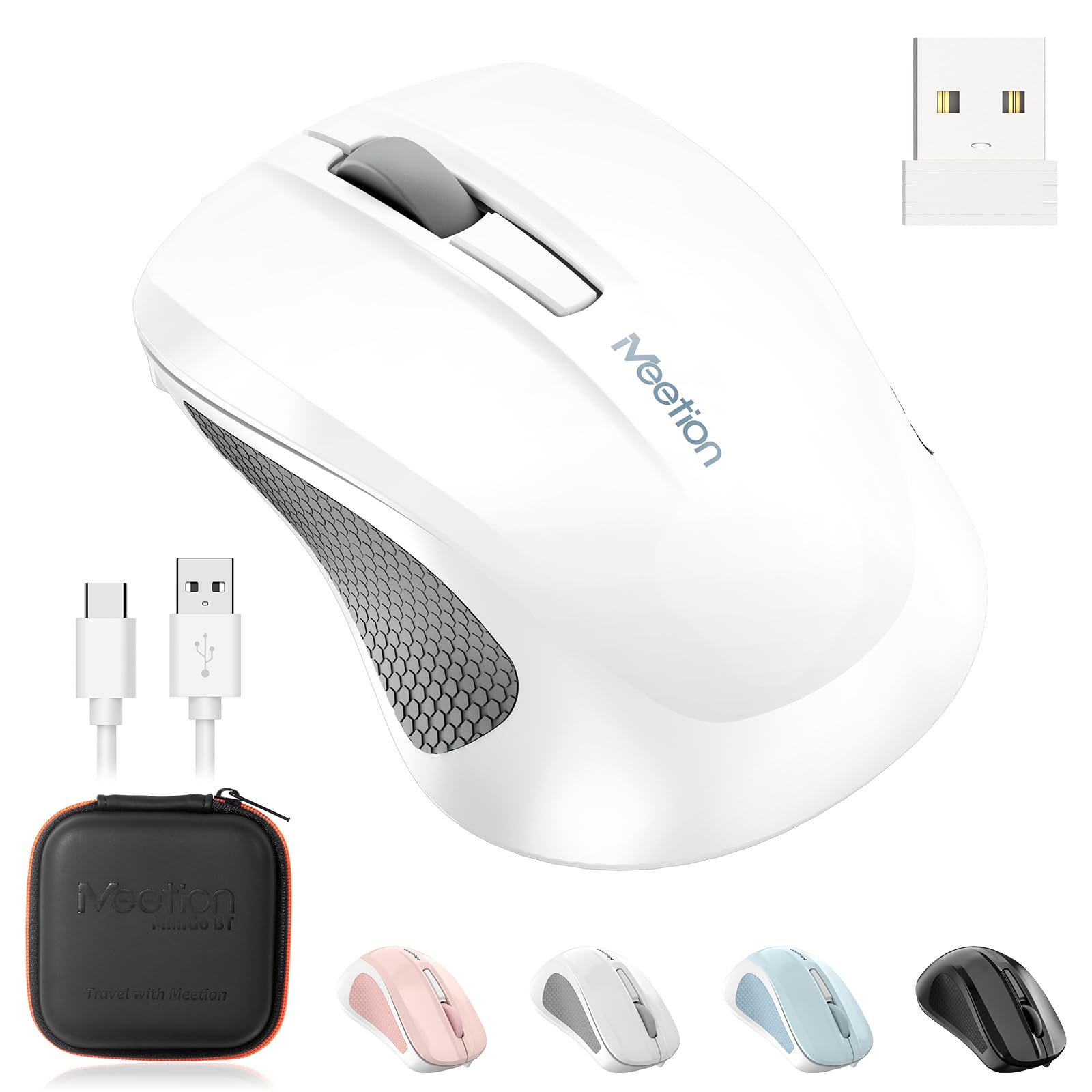 MEETION Wireless Mini Mouse, 2.4GHz USB-A + Bluetooth Mouse, for Boys, Girls, Child, 1200 DPI USB-C Rechargeable Mouse, White