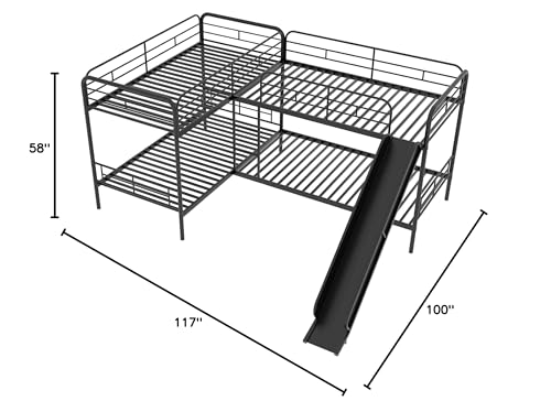 Tulib Twin Size L-Shaped Bunk Bed with Slide, Metal Bunkbed Frame w/Ladder & Safety Guardrail for 4, Bedroom, Home, No Spring Box Needed, Black