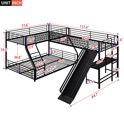 HAUSHECK L-Shaped Triple Bunk Bed with Desk for 3 or 4 Kids, Heavy Duty Metal Bunk Bed Twin Over Full with Slide & 2 Ladders, Space-Saving Loftbed Triple Bed Frame for Teens/Adults