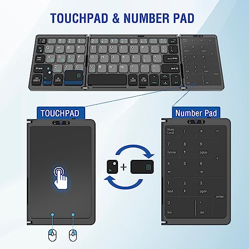 EDJO Foldable Bluetooth Keyboard, Rechargeable Portable Wireless Keyboard with Touchpad & Number Pad for Android, Windows, iOS, PC/Laptop/Smartphone/Tablet (Grey)