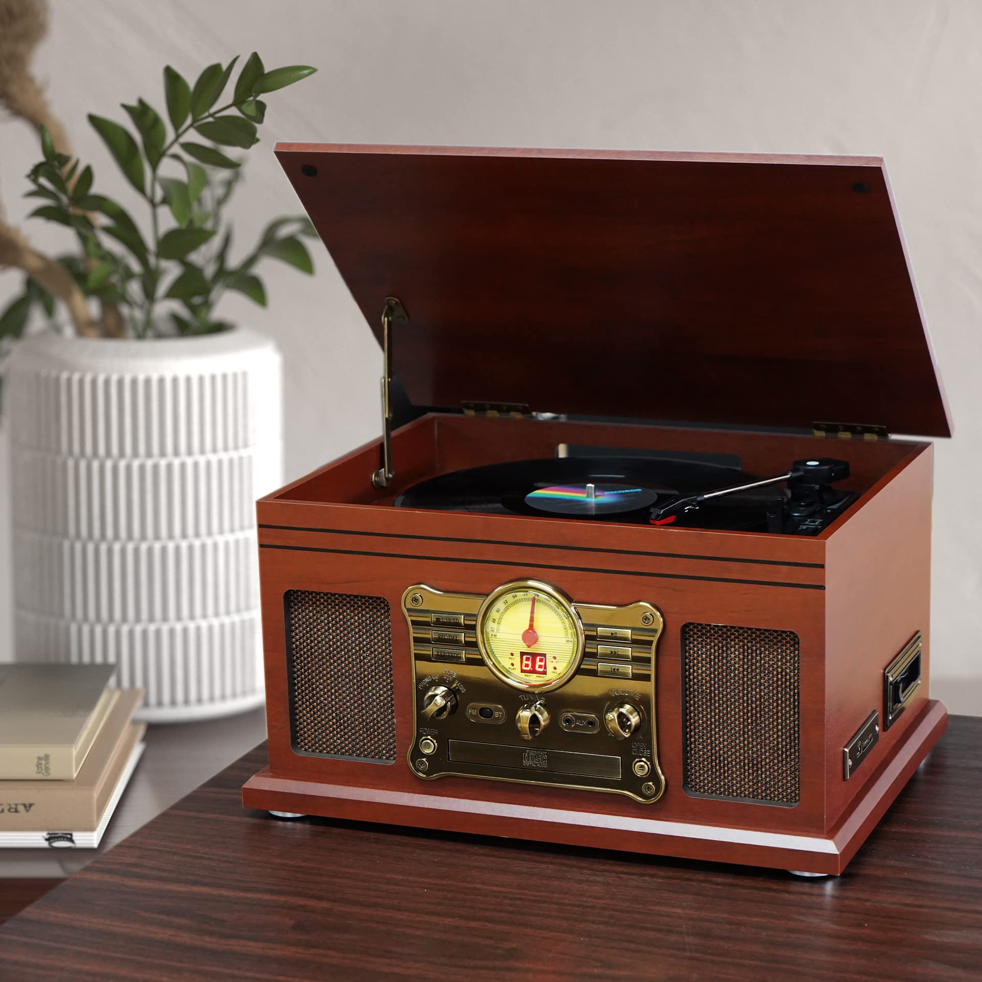 3-Speed Bluetooth Turntable with Stereo Speakers, CD/Cassette Player, FM Radio and Wireless Music Streaming - Mahogany