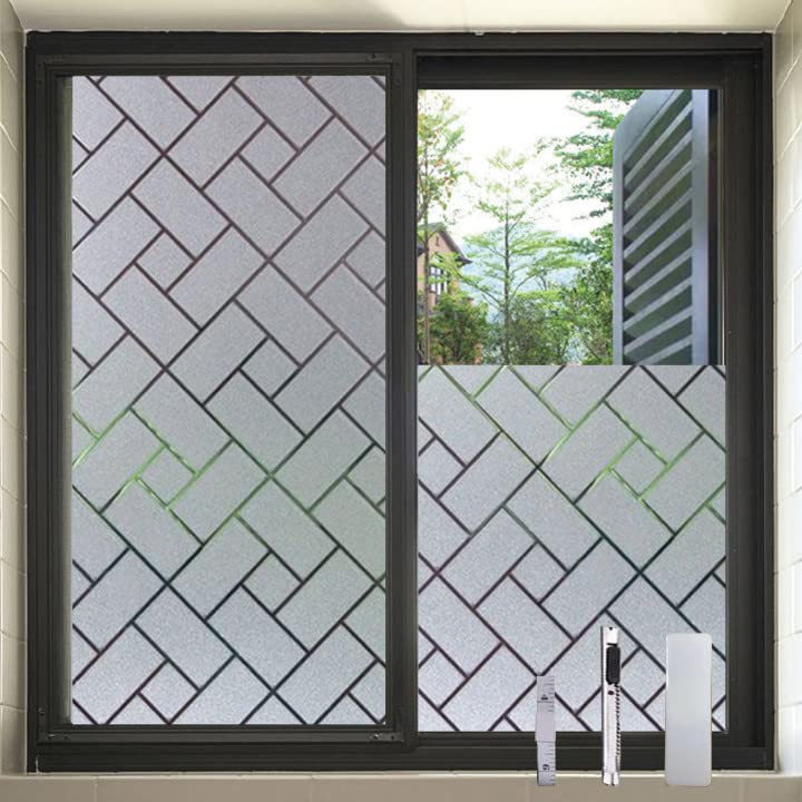 Frosted Lattice Window Privacy Film Frosted Glass Covering Static Cling Window Sticker Decorative Glass Window Cling Anti-UV Non Adhesive for Home Bathroom Office (17.5Inch X 16.4Feet)