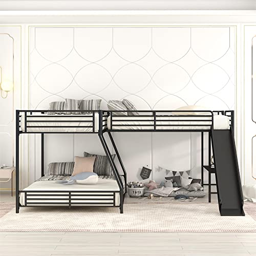 HAUSHECK L-Shaped Triple Bunk Bed with Desk for 3 or 4 Kids, Heavy Duty Metal Bunk Bed Twin Over Full with Slide & 2 Ladders, Space-Saving Loftbed Triple Bed Frame for Teens/Adults