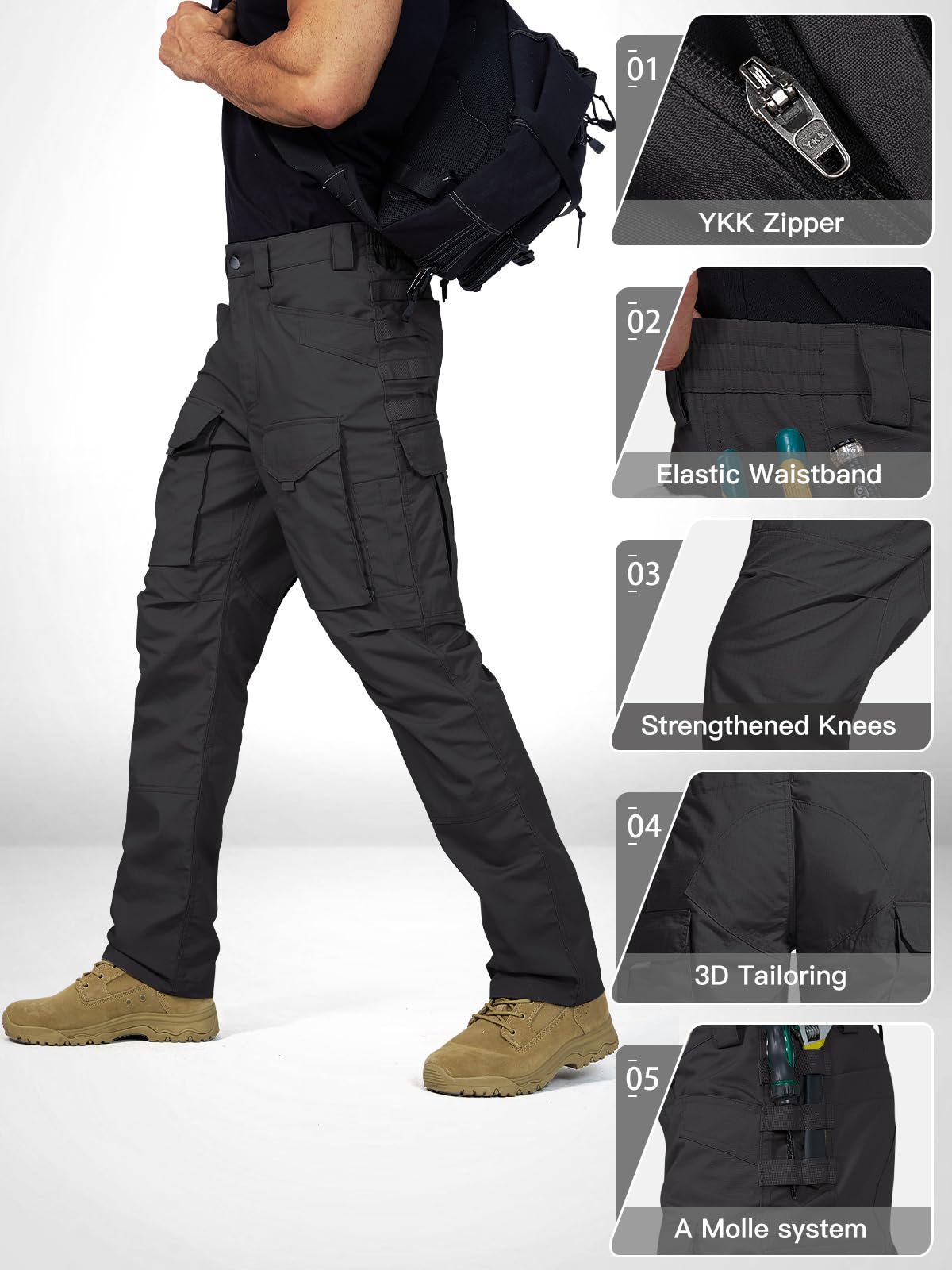 FREE SOLDIER Men's Cargo Pants,Tactical Pants for Men Stretch,Durable Ripstop EDC Work Pants for Hiking (Black 38Wx30L)