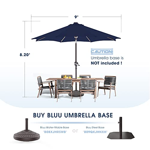 BLUU MAPLE 9 FT Outdoor Solar Patio Umbrella LED Table Umbrellas with 16 LED Strip Lights & Hub Light, Aluminum Frame, 3 YEARS Fade Resistance & UV Protection Fabric (Navy Blue)
